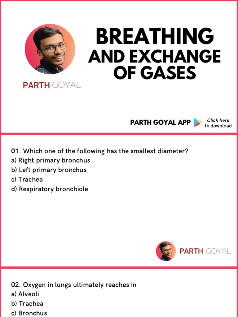 Breathing & Exchange of Gases 90 Questions | PDF | Respiratory Tract | Lung