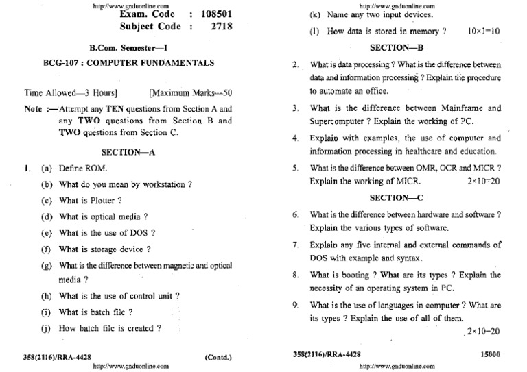 Bcom 1 Sem Computer Fundamentals 2718 2016 | PDF