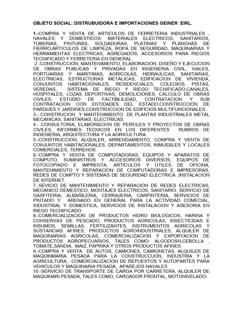 Objeto Social Distribuidora e Importaciones Geiner Eirl | PDF | Minería | Agricultura