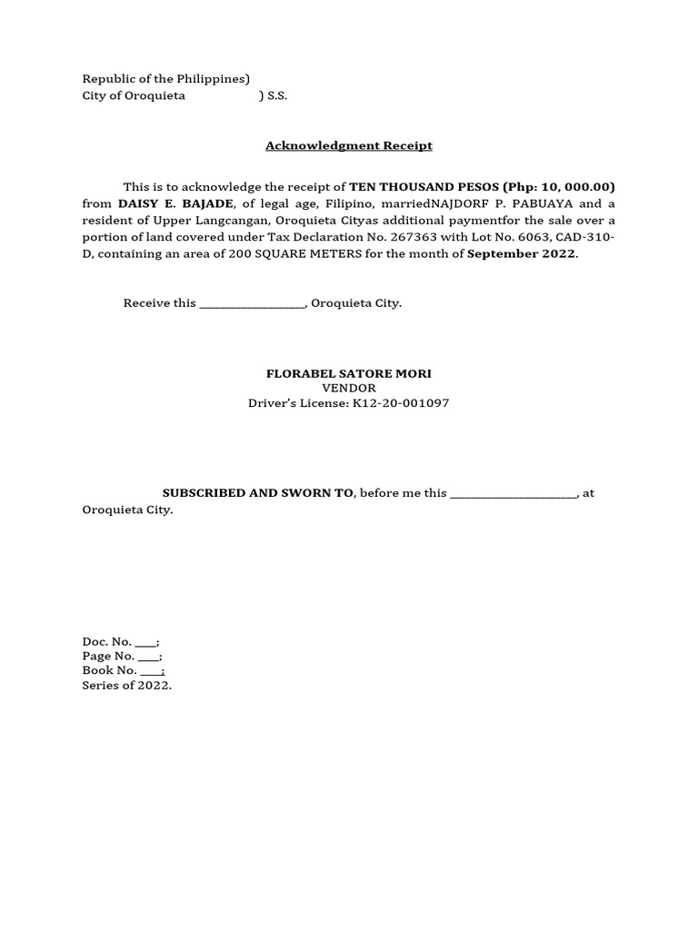 Acknowledgment Receipt for Land Payment | PDF | Finance & Money Management