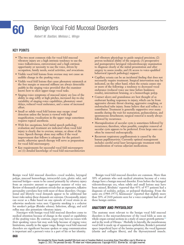 60 - Benign Vocal Fold Mucosal Disorders | PDF | Science & Mathematics