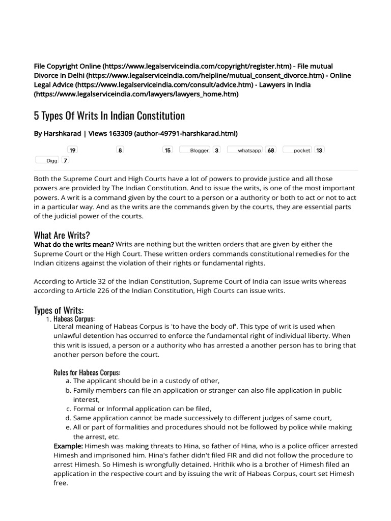 5 Types of Writs in Indian Constitution | PDF | Writ | Habeas Corpus