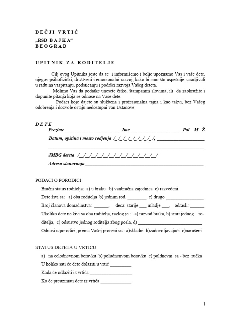 Upitnika Za Roditelje RSD Bajka 2021 | PDF