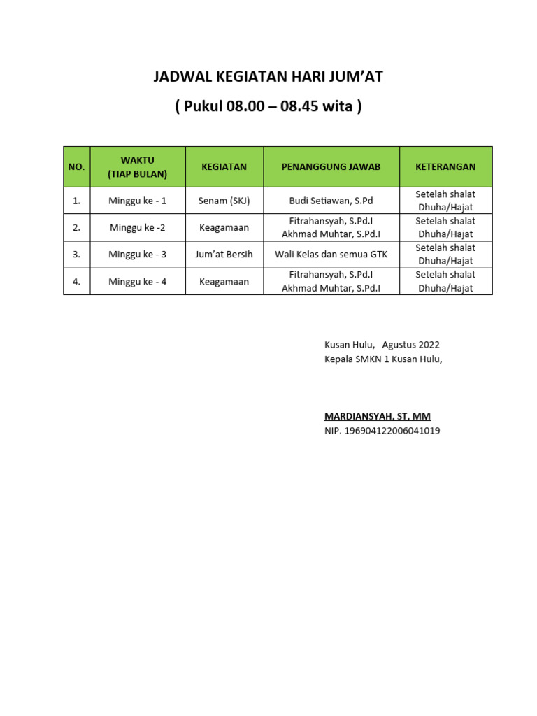 Jadwal Kegiatan Jumat SMKN 1 Kusan Hulu | PDF