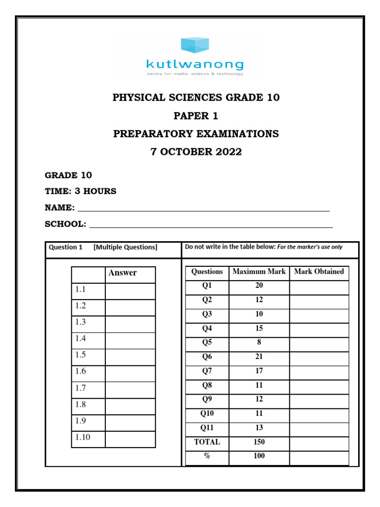 Grade 10 PAPAER 1 PHYSICAL SCIENCES 7 OCTOBER 2022 | PDF