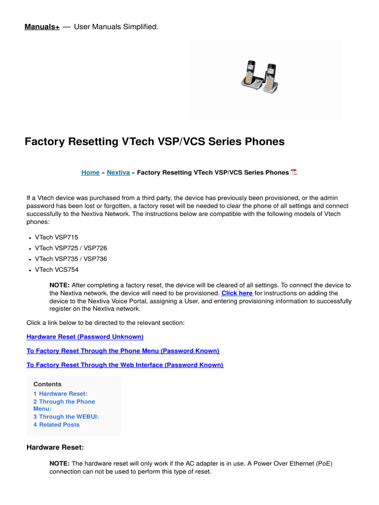 VTech Phone Factory Reset Guide | PDF | Menu (Computing) | Telephone