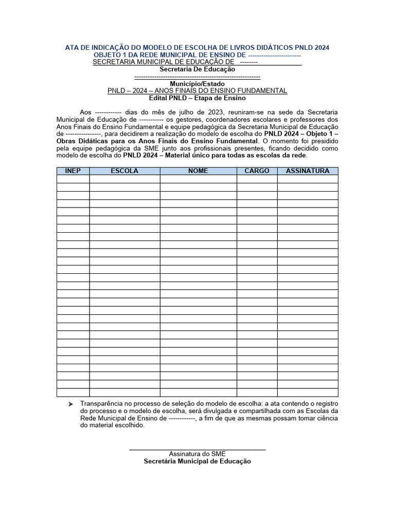 Ata de Indicação Do Modelo de Escolha de Livros Didáticos PNLD 2024 | PDF