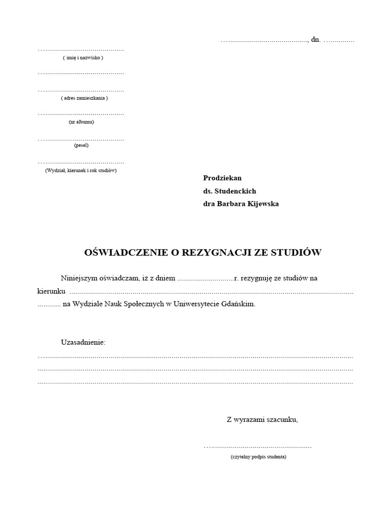 Oswiadczenie Rezygnacja Studiow 02 | PDF
