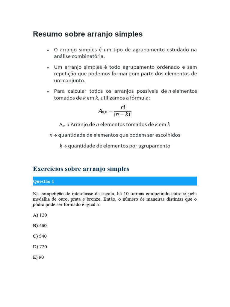 Resumo Sobre Arranjo Simples | PDF | Combinatória