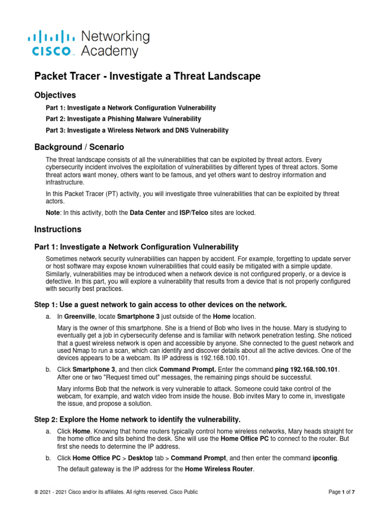 1.3.14 Packet Tracer - Investigate A Threat Landscape - Answer Key ...