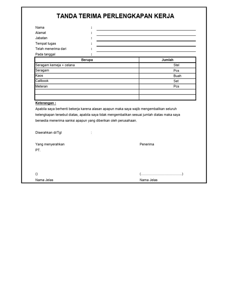 Tanda Terima Perlengkapan Kerja | PDF