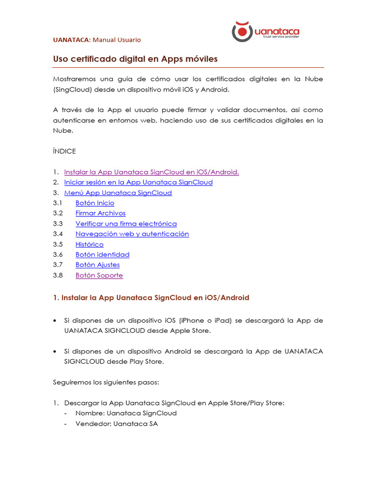 Uso Certificado Digital en App Uanataca Signcloud Ios Android | PDF | Aplicación movil | Ios