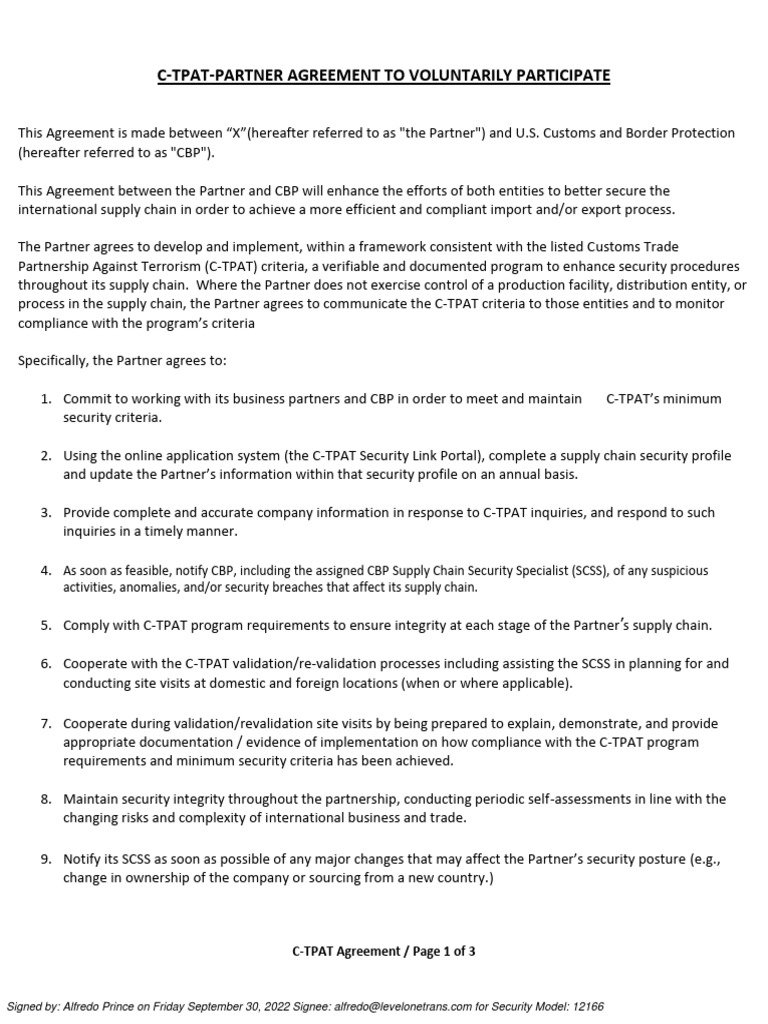 C-TPAT-PARTNER AGREEMENT TO VOLUNTARILY PARTICIPATE | PDF