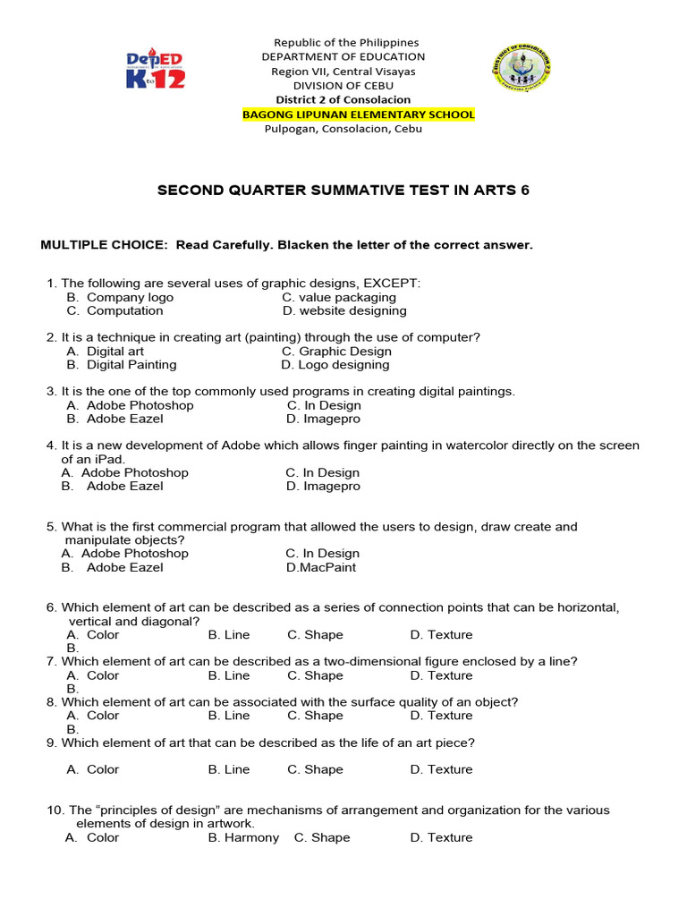Arts Summative Test 2ND Quarter | PDF | Cartoon | Graphic Design