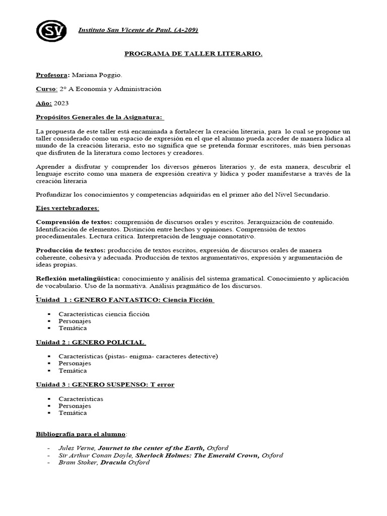 Programa de Taller Literario 2023 2 A Economia y Administracion Poggio | PDF