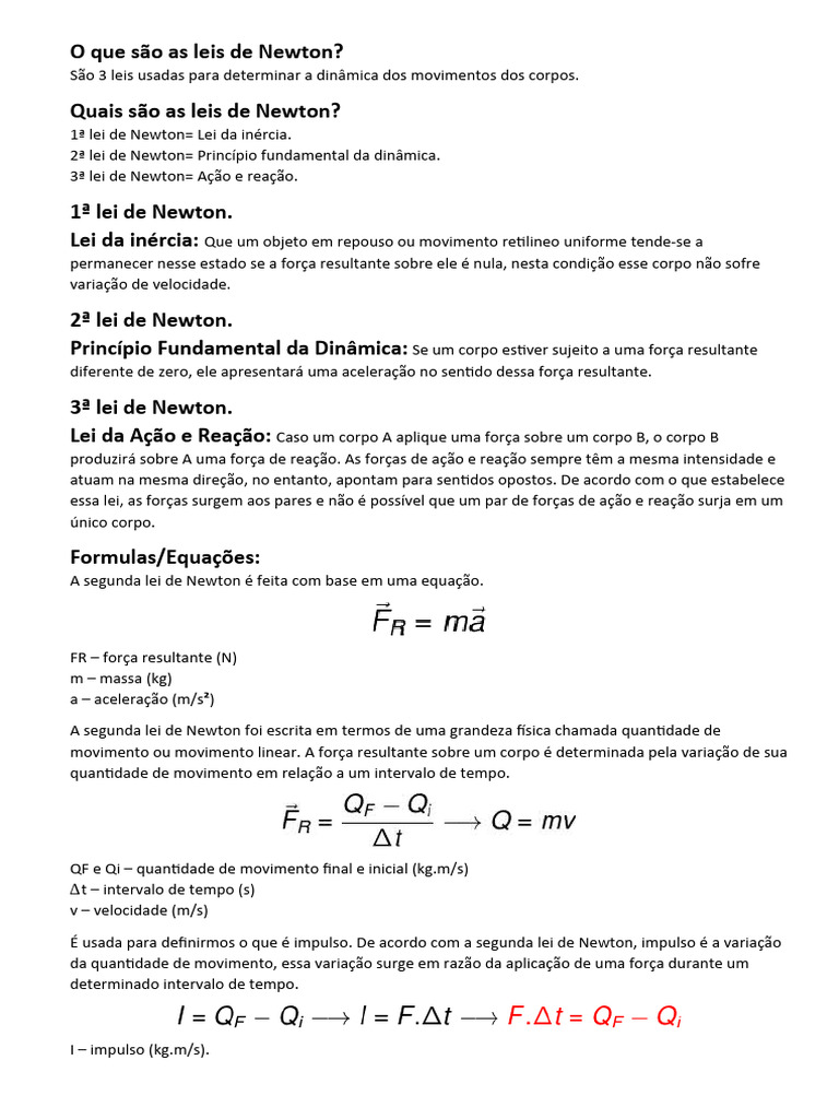 Fórmulas das Leis de Newton | PDF | Leis do Movimento de Newton | Força