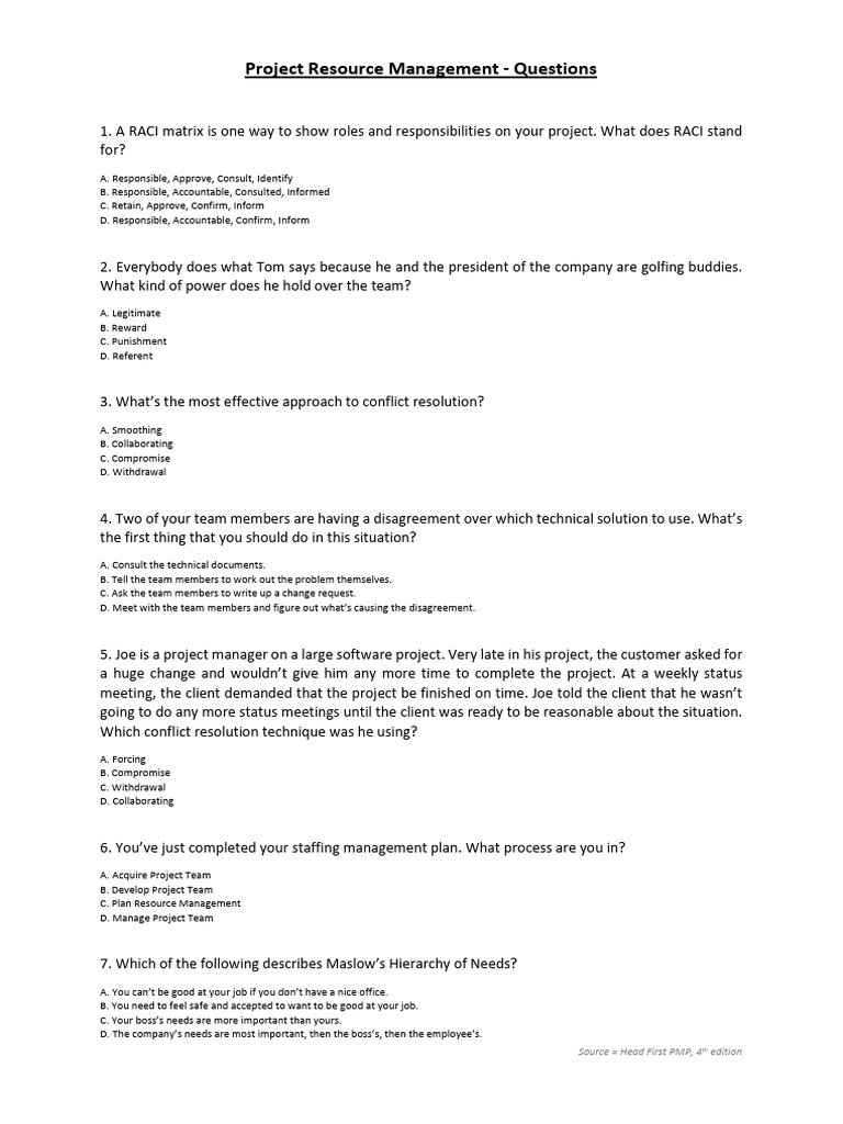 Project Resource Management Quiz Answers | PDF | Conflict Resolution ...