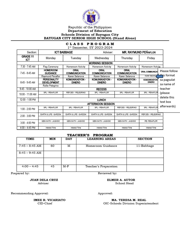 Revised SHS Class Program | PDF
