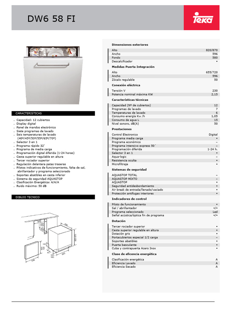 Ficha Técnica Lavavajillas DW6 58 FI | PDF
