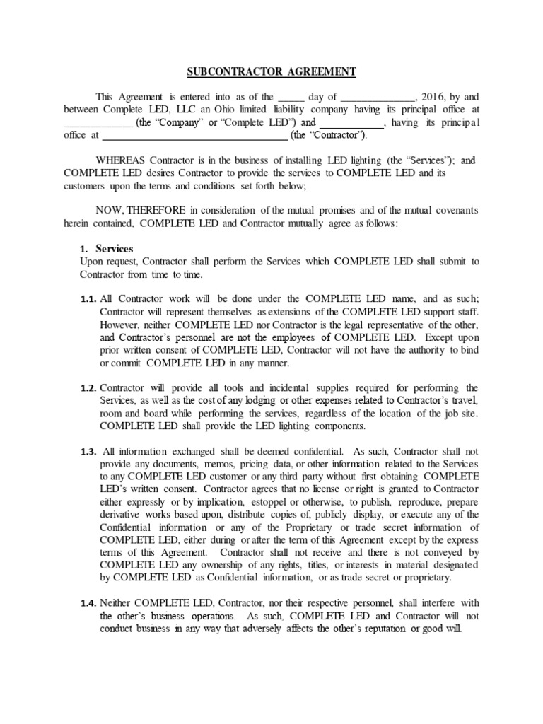 Detailed Subcontractor Agreement Example | PDF
