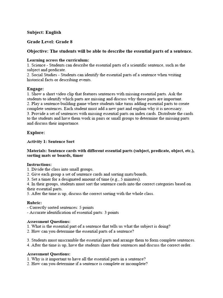 Essential Sentence Parts for Grade 8 | PDF | Subject (Grammar ...