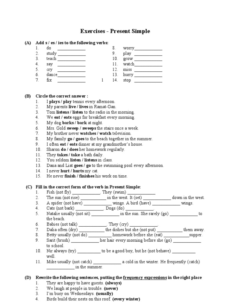 Exercises - Present Simple: (A) Add S / Es / Ies To The Following Verbs ...