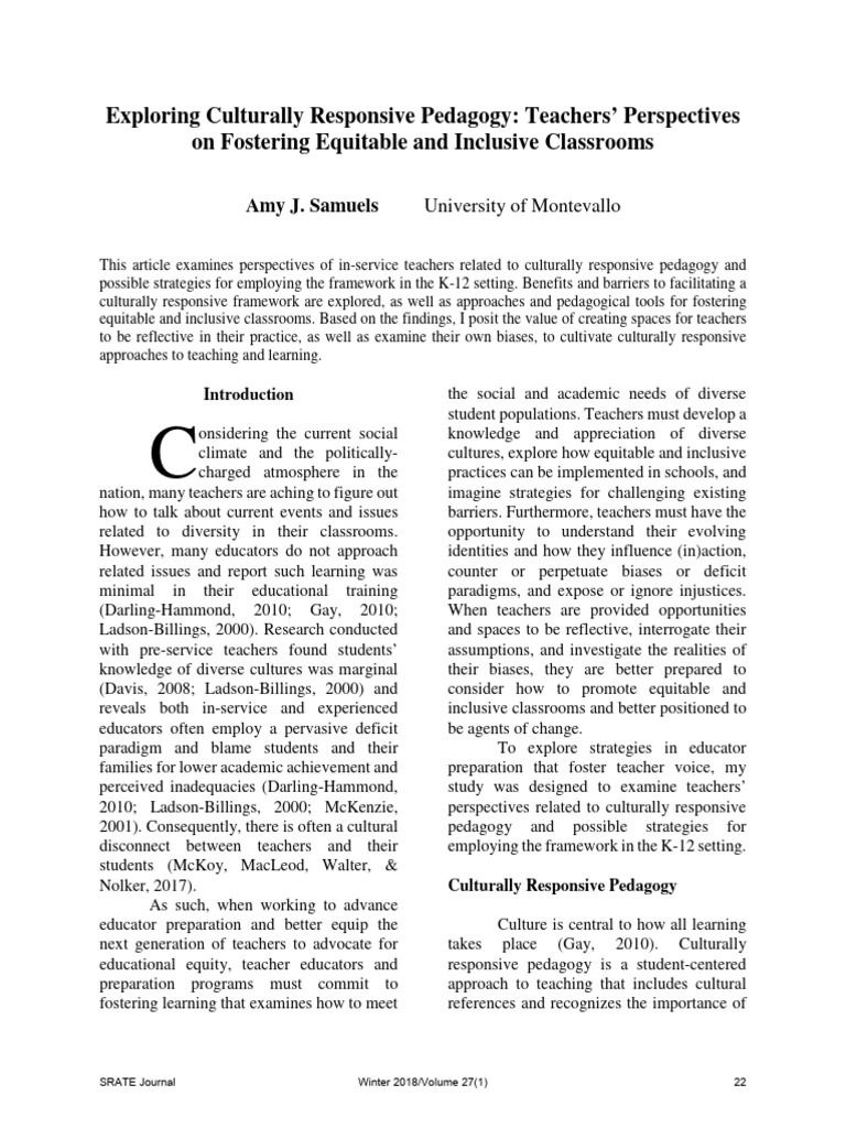 Exploring Culturally Responsive Pedagogy: Teachers' Perspectives On Fostering Equitable and ...