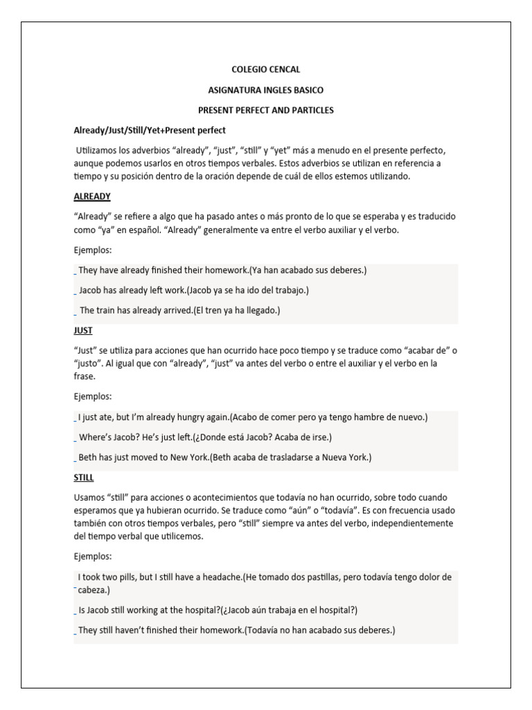 Still, Already, Just, Yet +present Perfect | PDF | Verbo | Relaciones ...