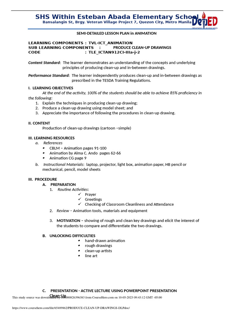 Animation Clean-Up Lesson Plan | PDF | Drawing | Learning