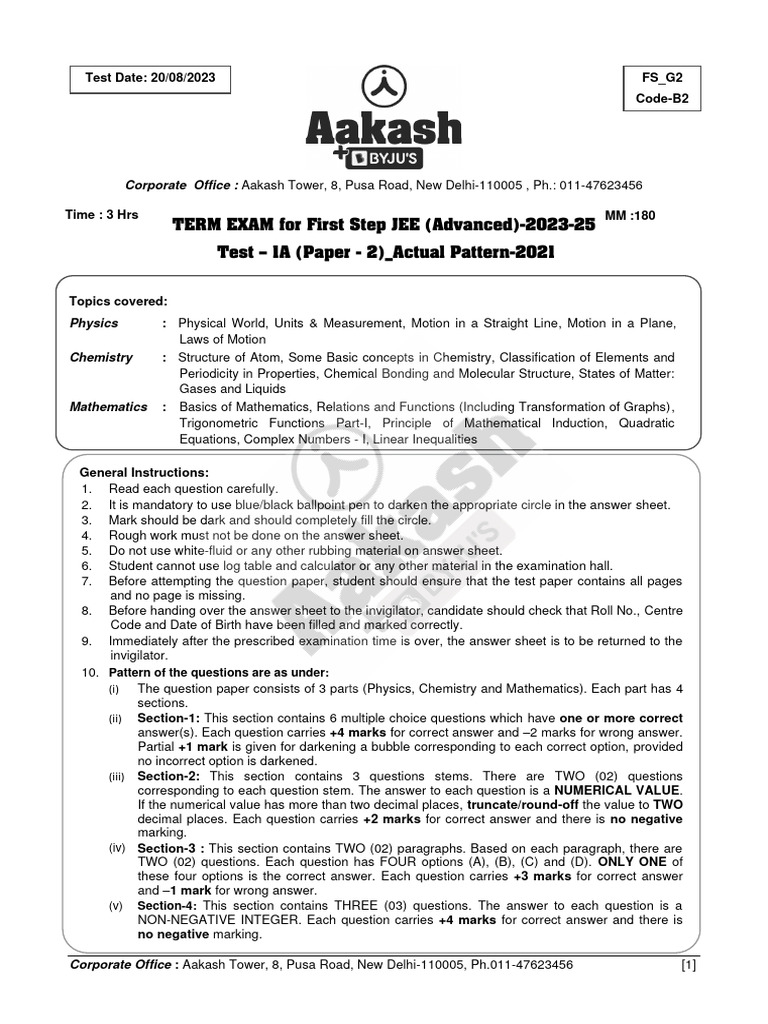 TE-Adv Test-1A FS G2 Paper-2 (Code-B) 20-08-2023 | PDF | Chemical ...