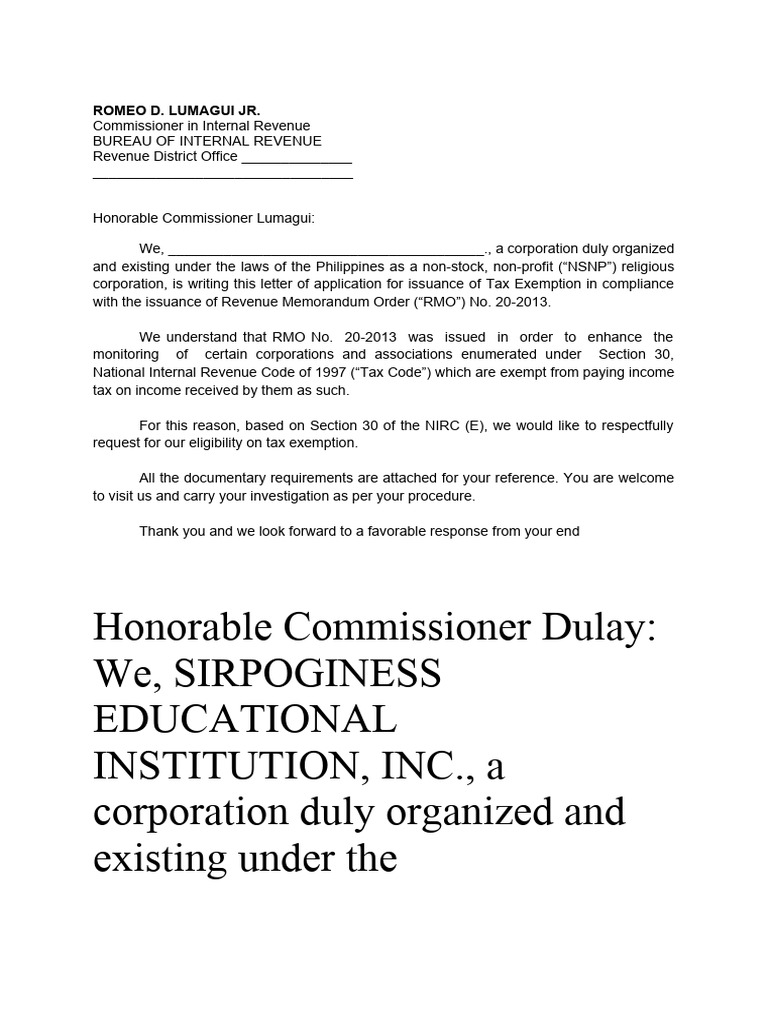 Letter For Tax Exemption Application | PDF