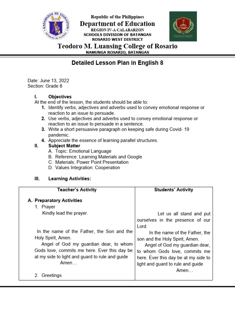 Detailed Lesson Plan in English 8 (Final Examination) | PDF | Adverb | Verb