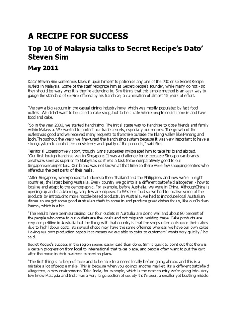A Recipe For Success | PDF | Malaysia | Singapore