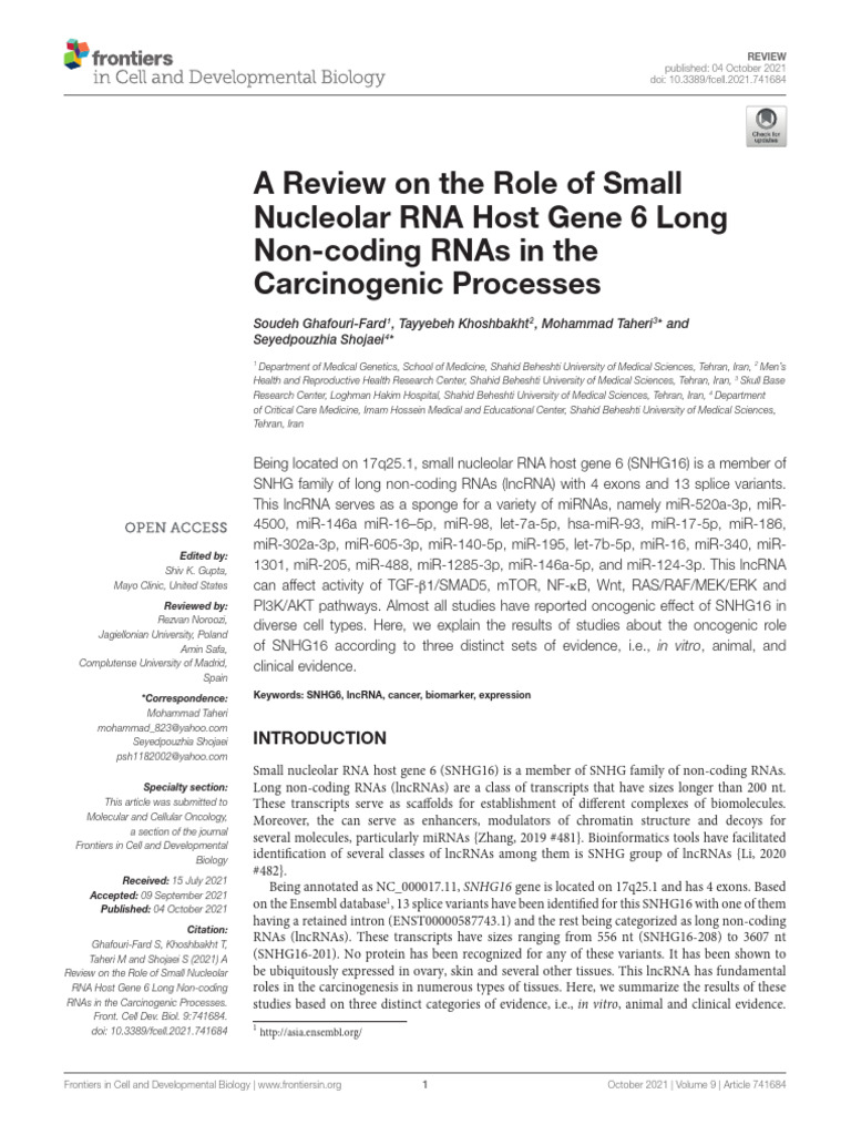 A Review On The Role of Small Nucleolar RNA Host Gene 6 Long Non-Coding ... A Review On The Role of Small Nucleolar RNA Host Gene 6 Long Non-Coding ...