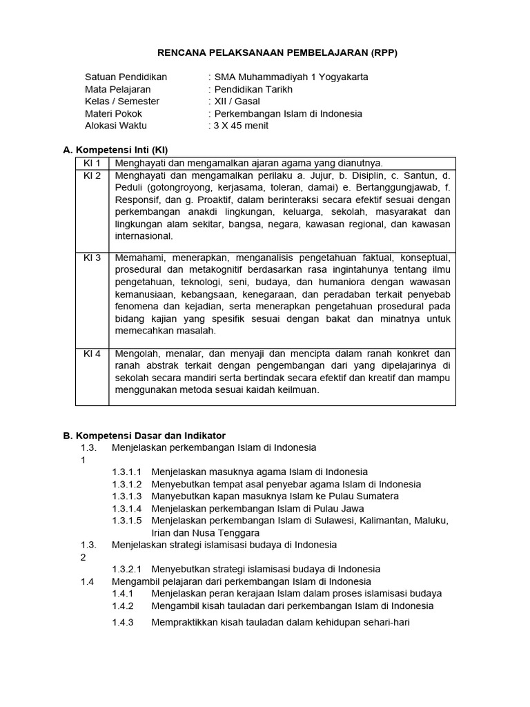 RPP 01 Tarikh Kelas XII Sem 1 2023 | PDF