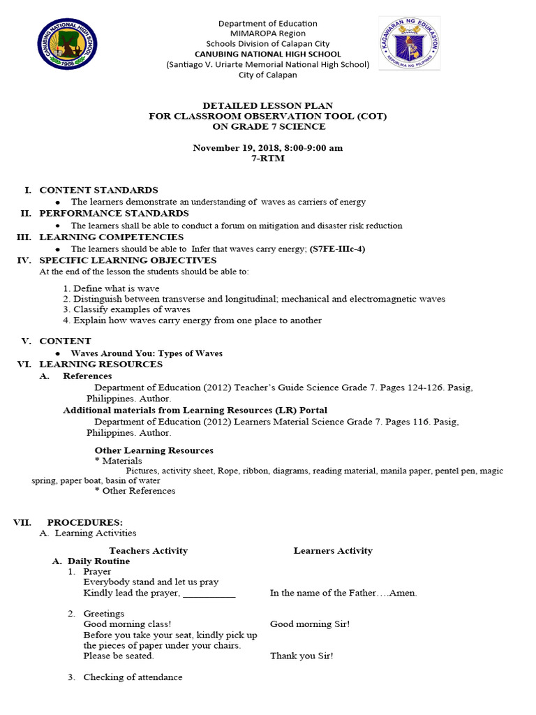 Cot Detailed Lesson Plan in Waves | PDF