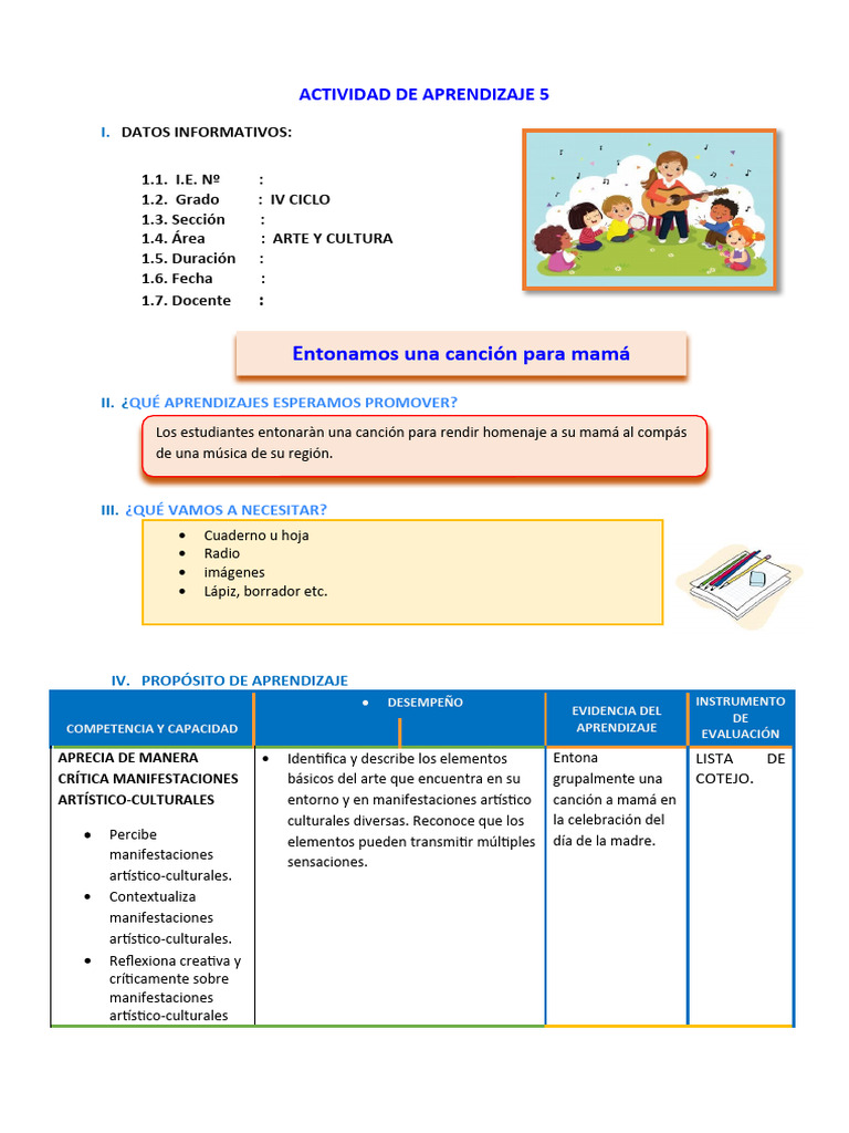 D5 A3 Sesion Arte Entonamos Una Canción Para Mamá Pdf Canciones