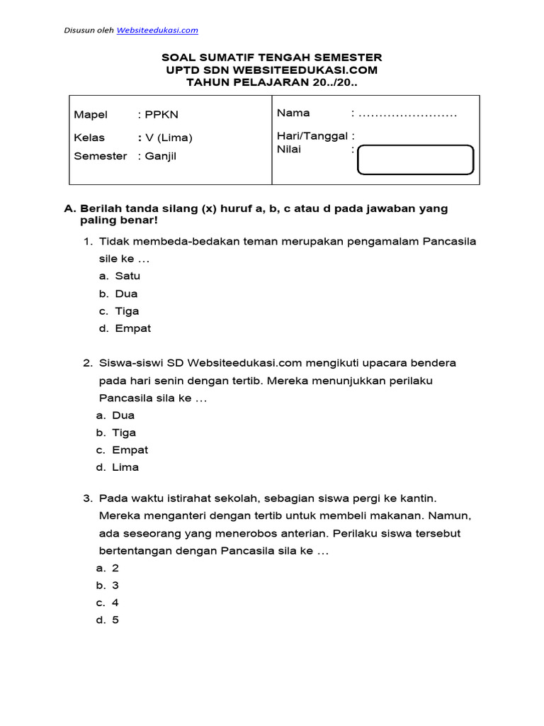 Soal STS 1 PPKN Kelas 5 (Websiteedukasi.com) | PDF