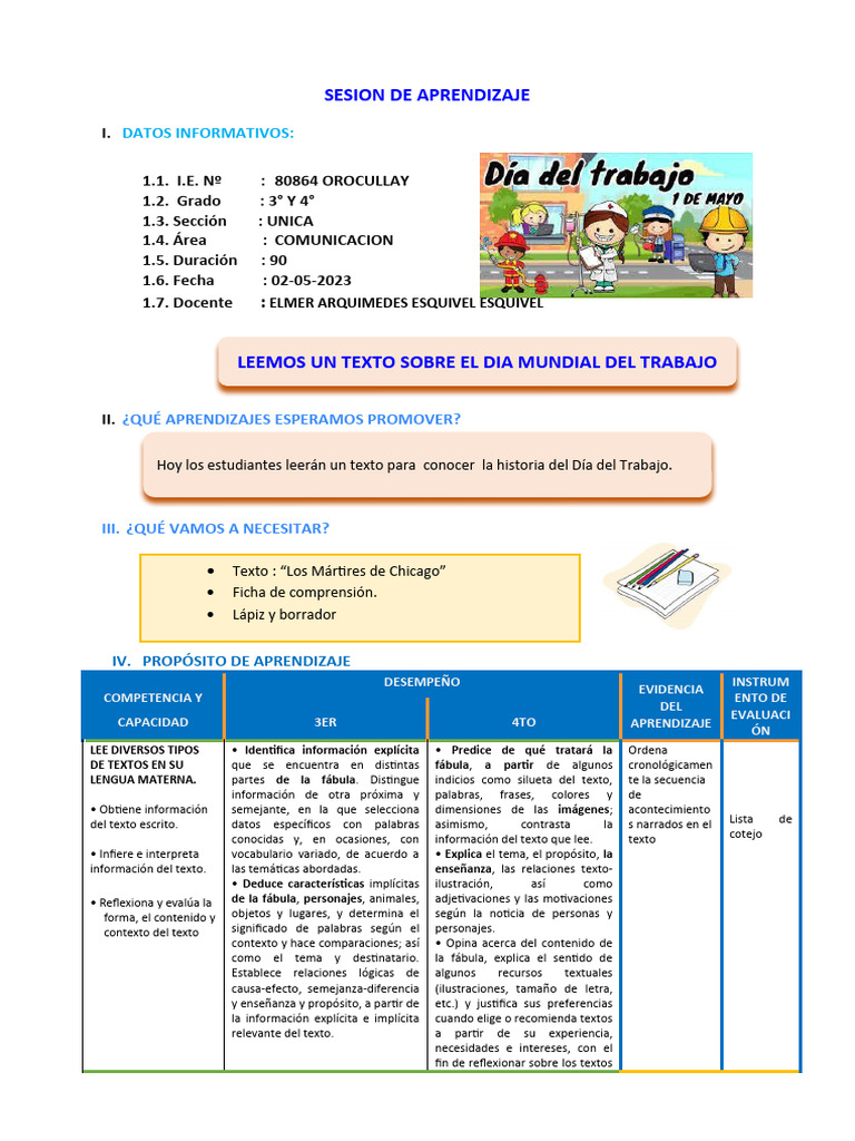 Lectura sobre el Día del Trabajador | PDF | Evaluación | Procesos mentales