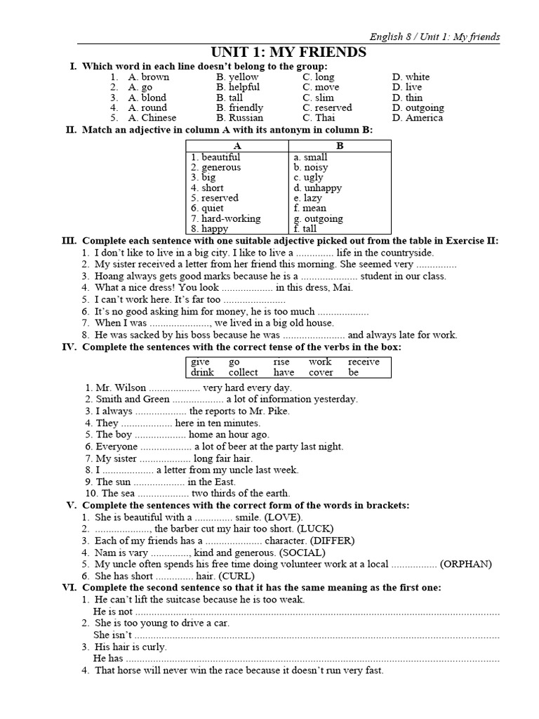 English 8 Unit 1: My Friends Activities | PDF | Linguistics