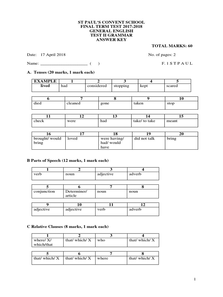 F1 Term 2 Grammar Practice VI Answer Key | PDF | Verb | Adverb
