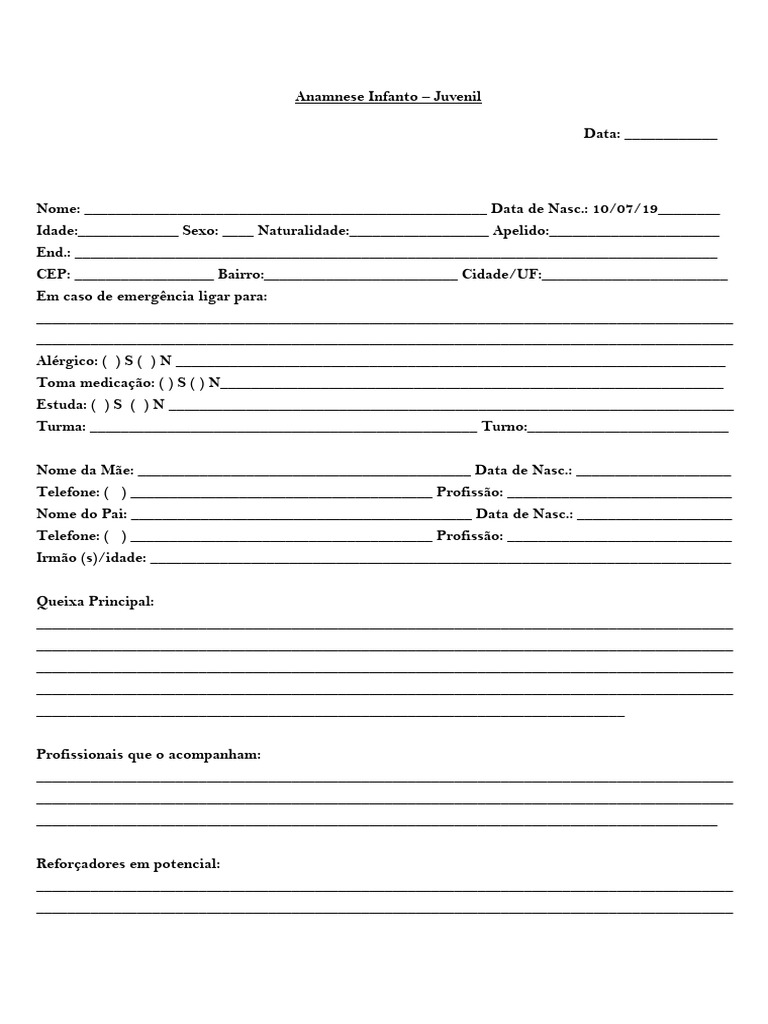 Anamnese Infanto-Juvenil (MODELO) .Docx - Documentos Google | PDF | Autoajuda