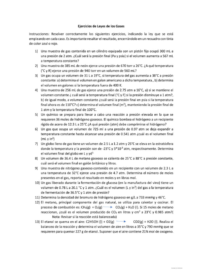 Ejercicios de Leyes de Los Gases | PDF