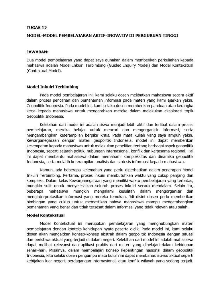 Tugas 12 (Model-Model Pembelajaran Aktif-Inovativ Perguruan Tinggi) | PDF