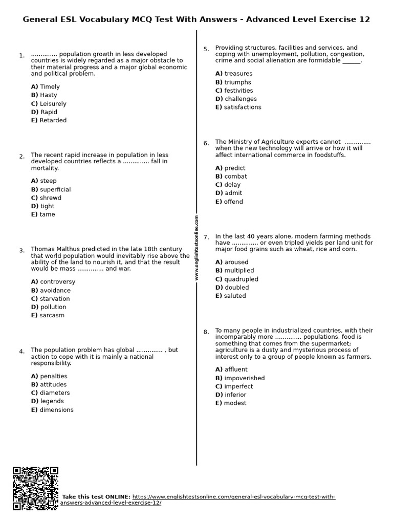 Advanced ESL Vocabulary Test | PDF