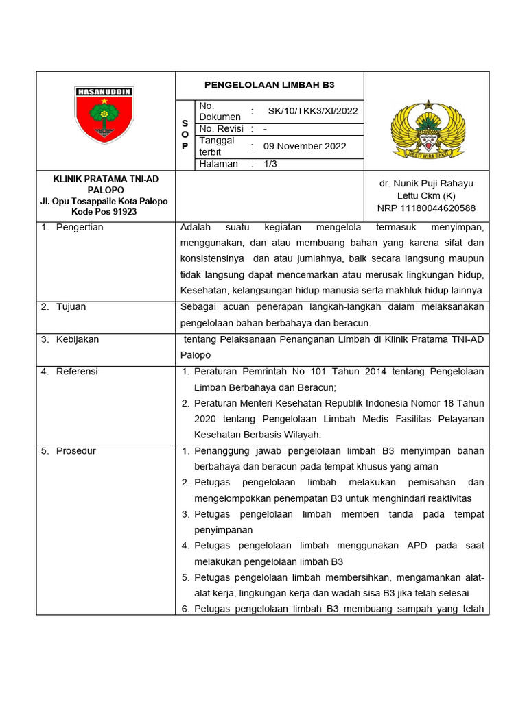 Sop Pengelolaan Limbah B3 Pdf