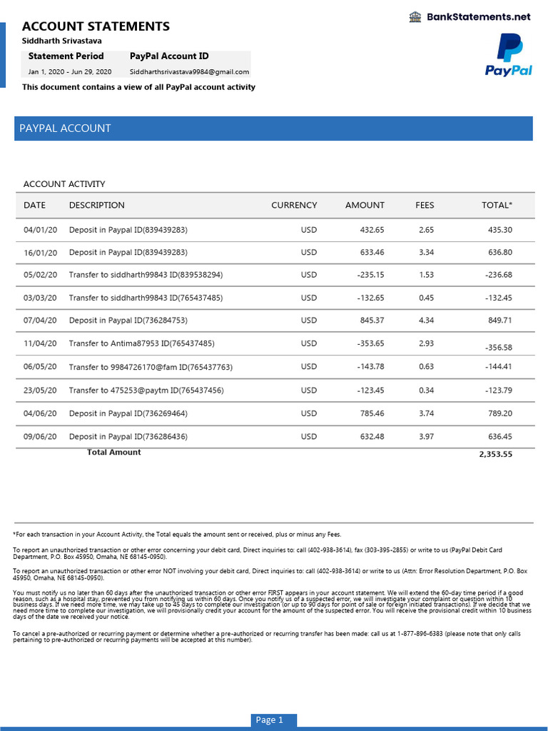 PayPal Bank Statement | PDF | Pay Pal | Debit Card