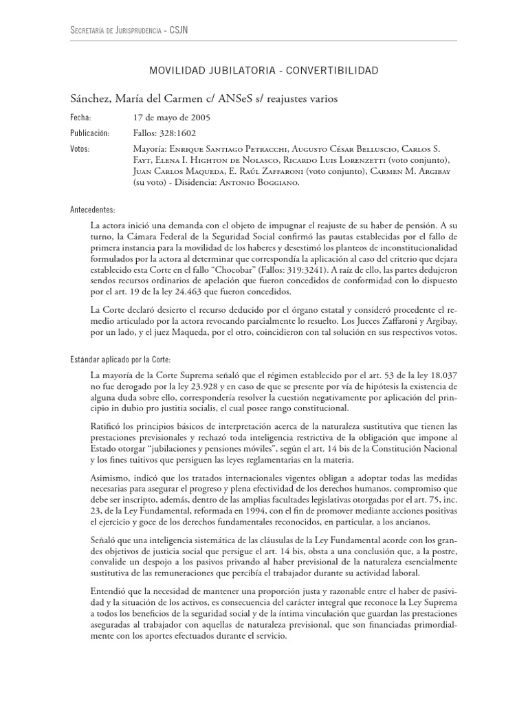 Movilidad Jubilatoria y Fallo CSJN 2005 | PDF