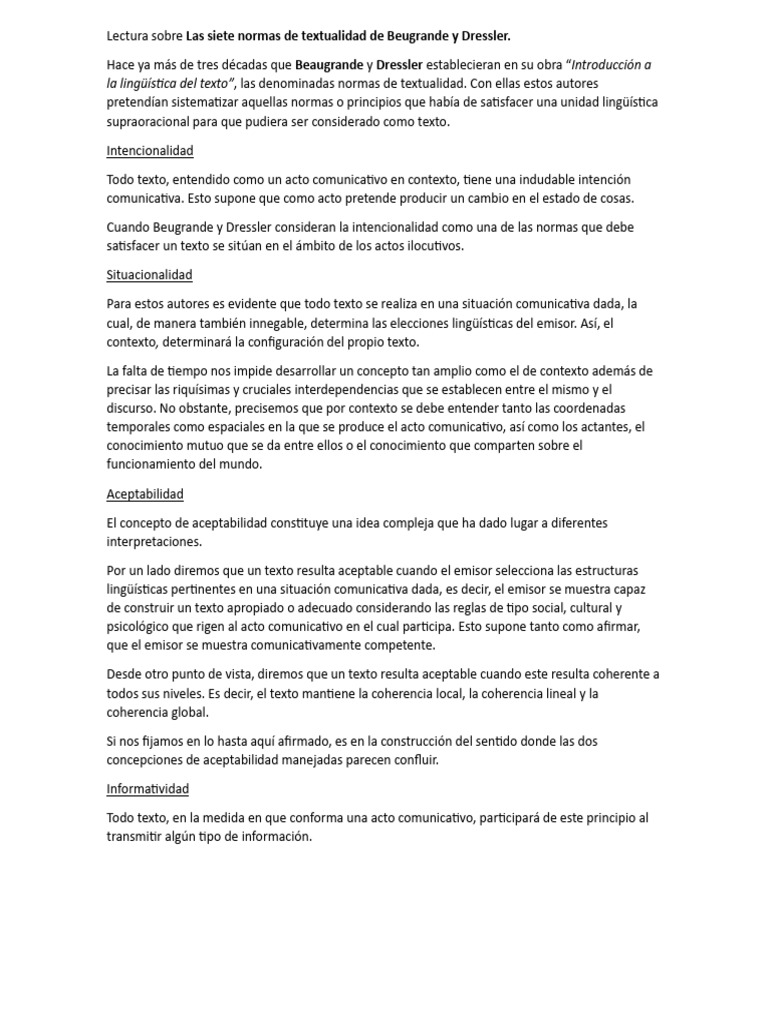 Las Siete Normas de Textualidad de Beugrande y Dressler | PDF