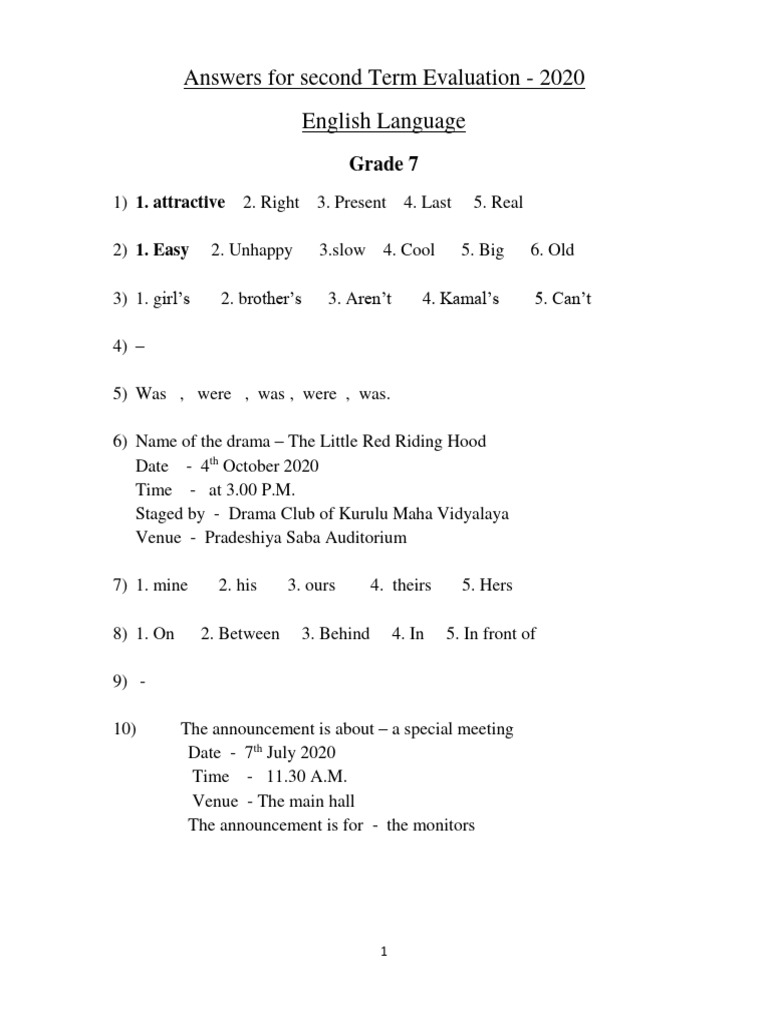 Grade 7 English Answer Pdf